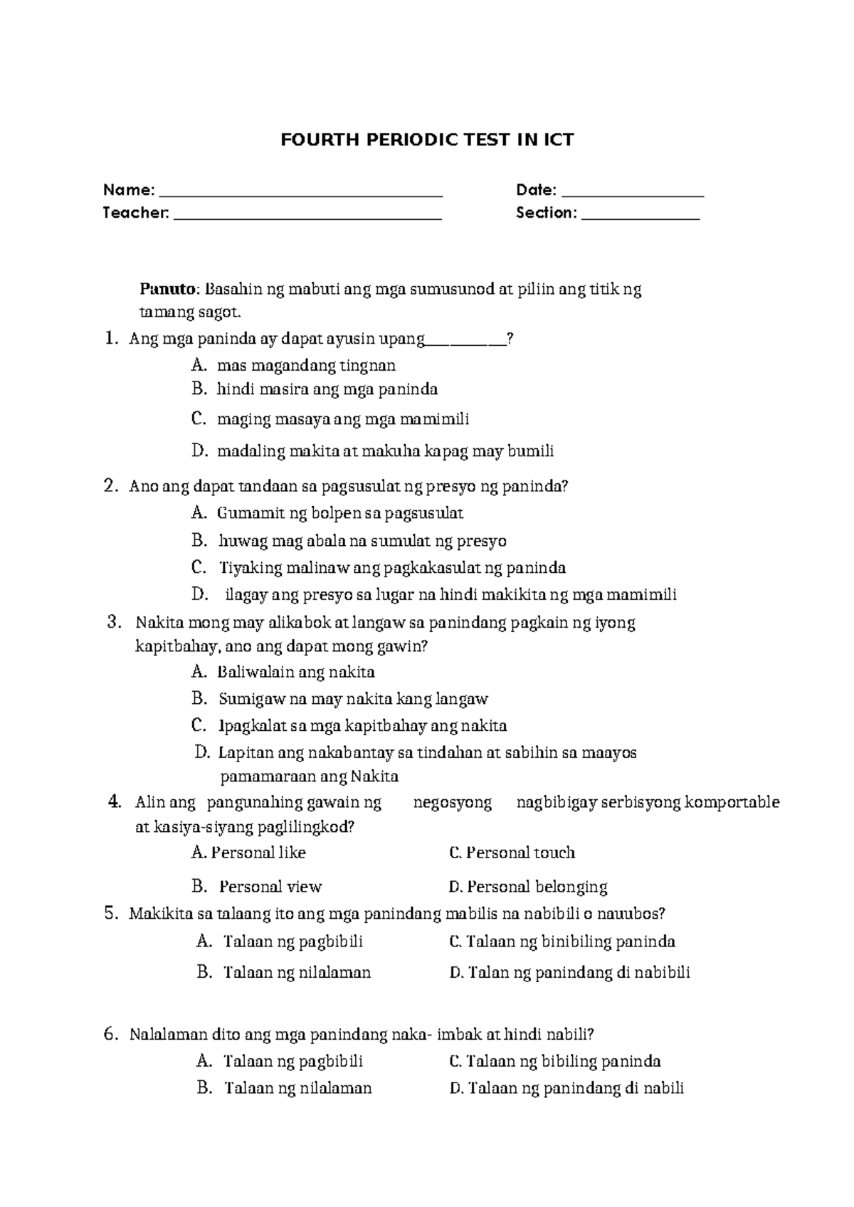 ICT Q4 Periodic Test - gegeg - FOURTH PERIODIC TEST IN ICT Name: - Studocu