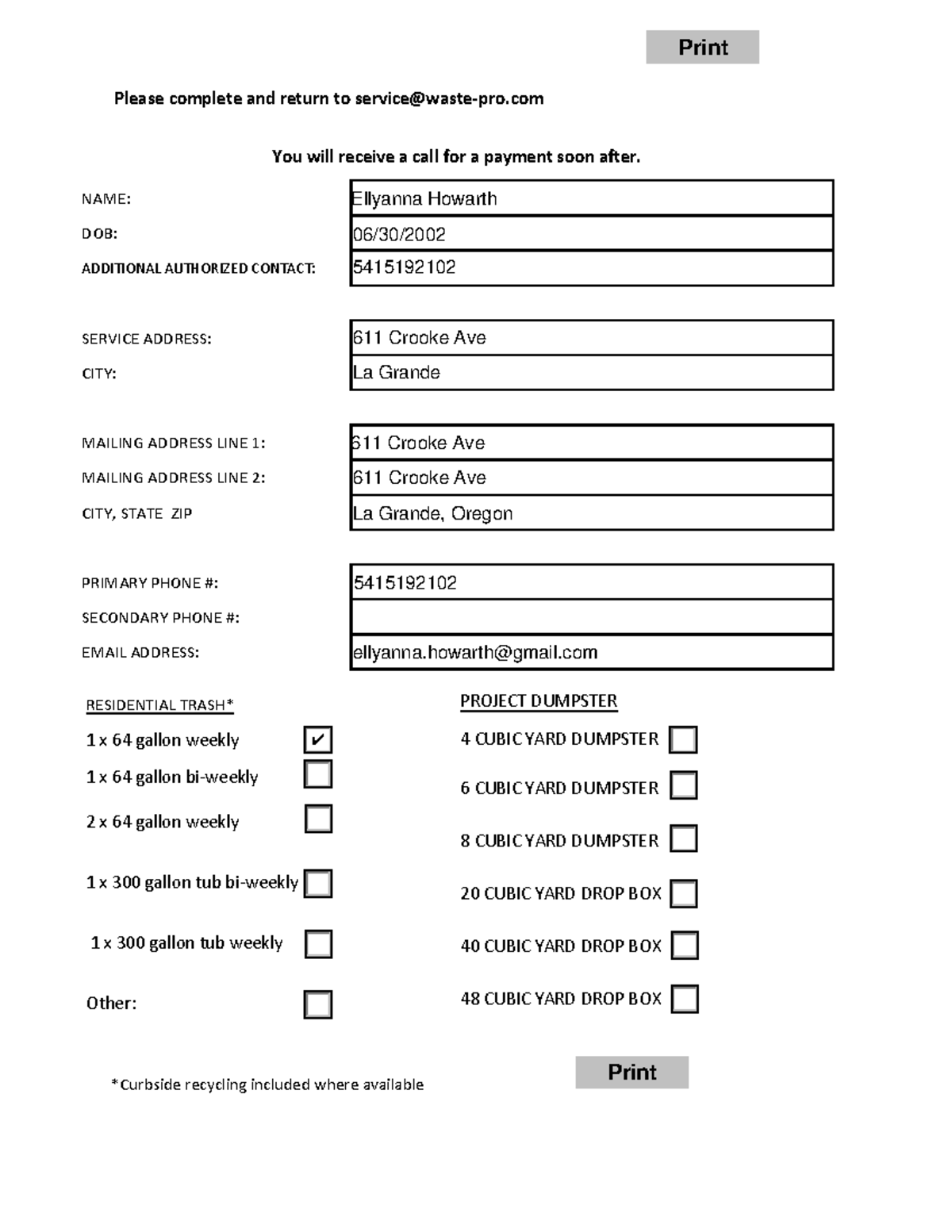 Garbage - fas - NAME: DOB: ADDITIONAL AUTHORIZED CONTACT: SERVICE ...
