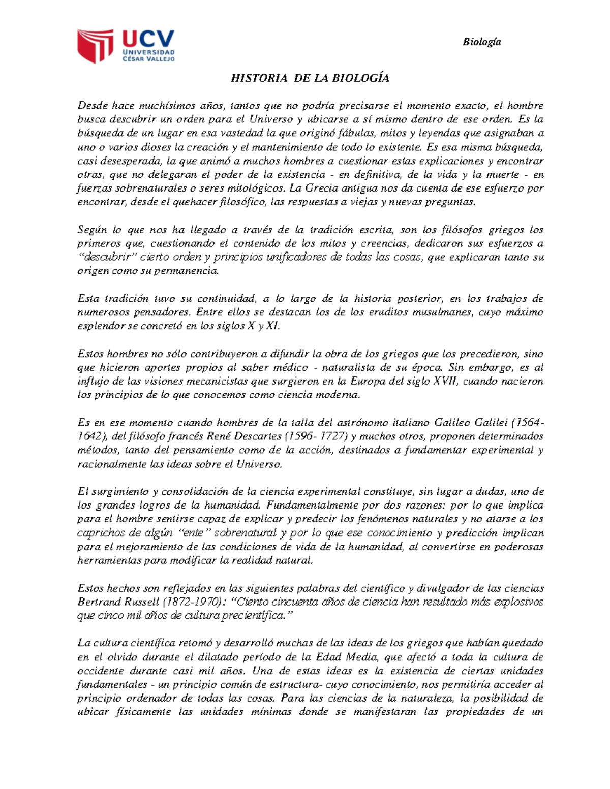 Material - Lectura - Orígenes DE LA Biología - HISTORIA DE LA BIOLOGÍA ...