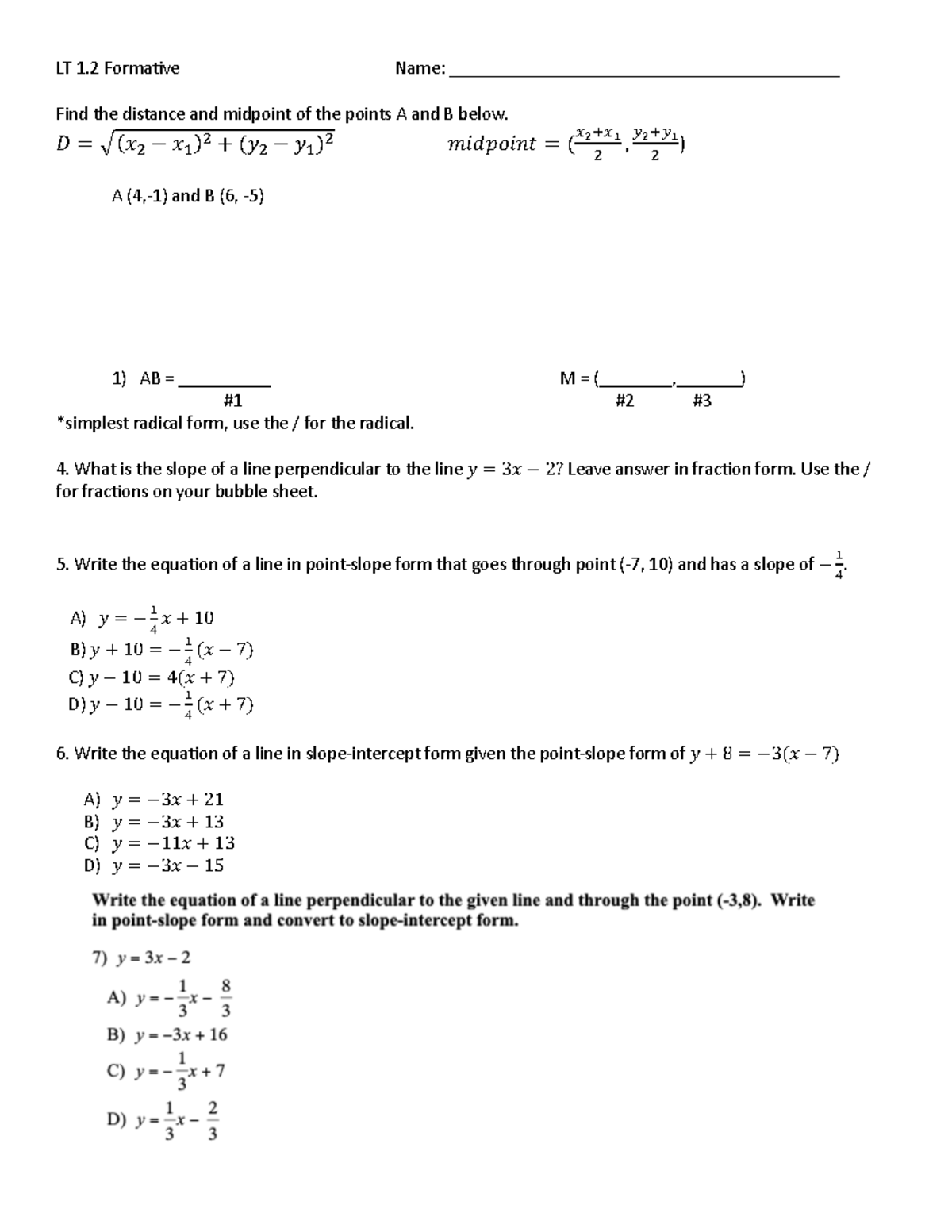 1.2 Formative-1 - loops - LT 1 Forma,ve Name: Find the distance and ...
