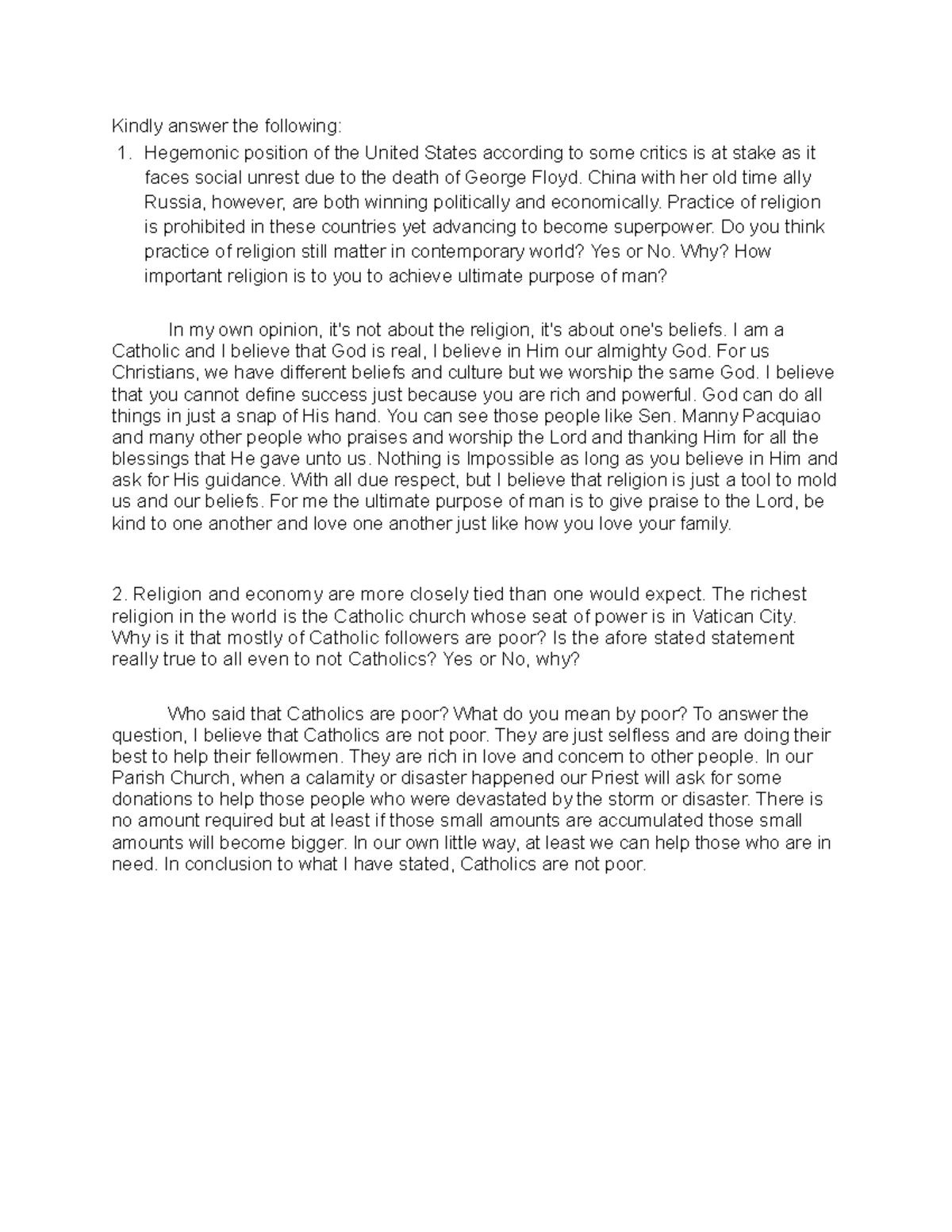 Recitation 3 conworld - Essay - Kindly answer the following: Hegemonic ...