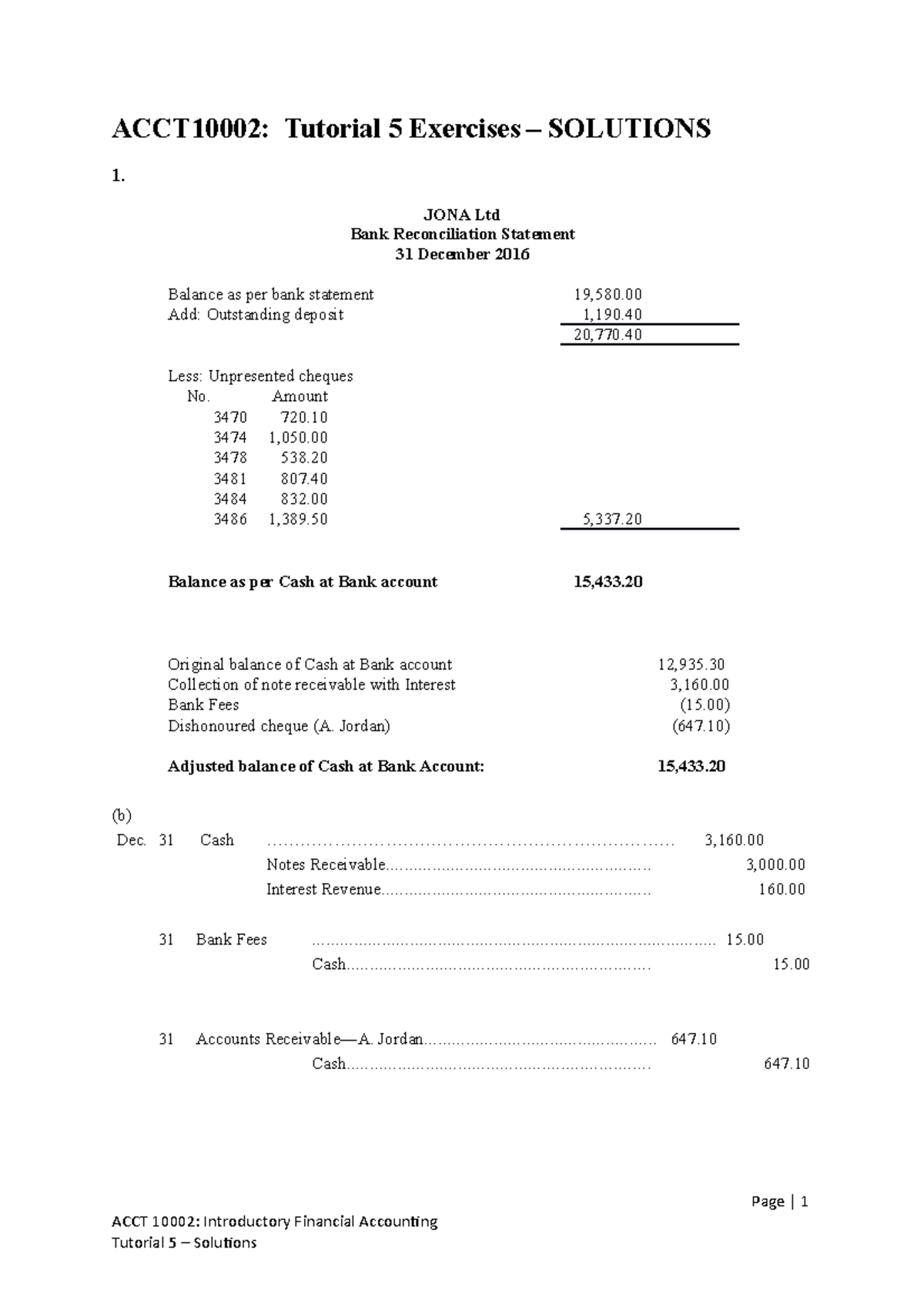 ACCT10002 Tutorial 5 Solutions - ACCT10002: Tutorial 5 Exercises – SOLUTIONS 1. JONA Ltd Bank ...