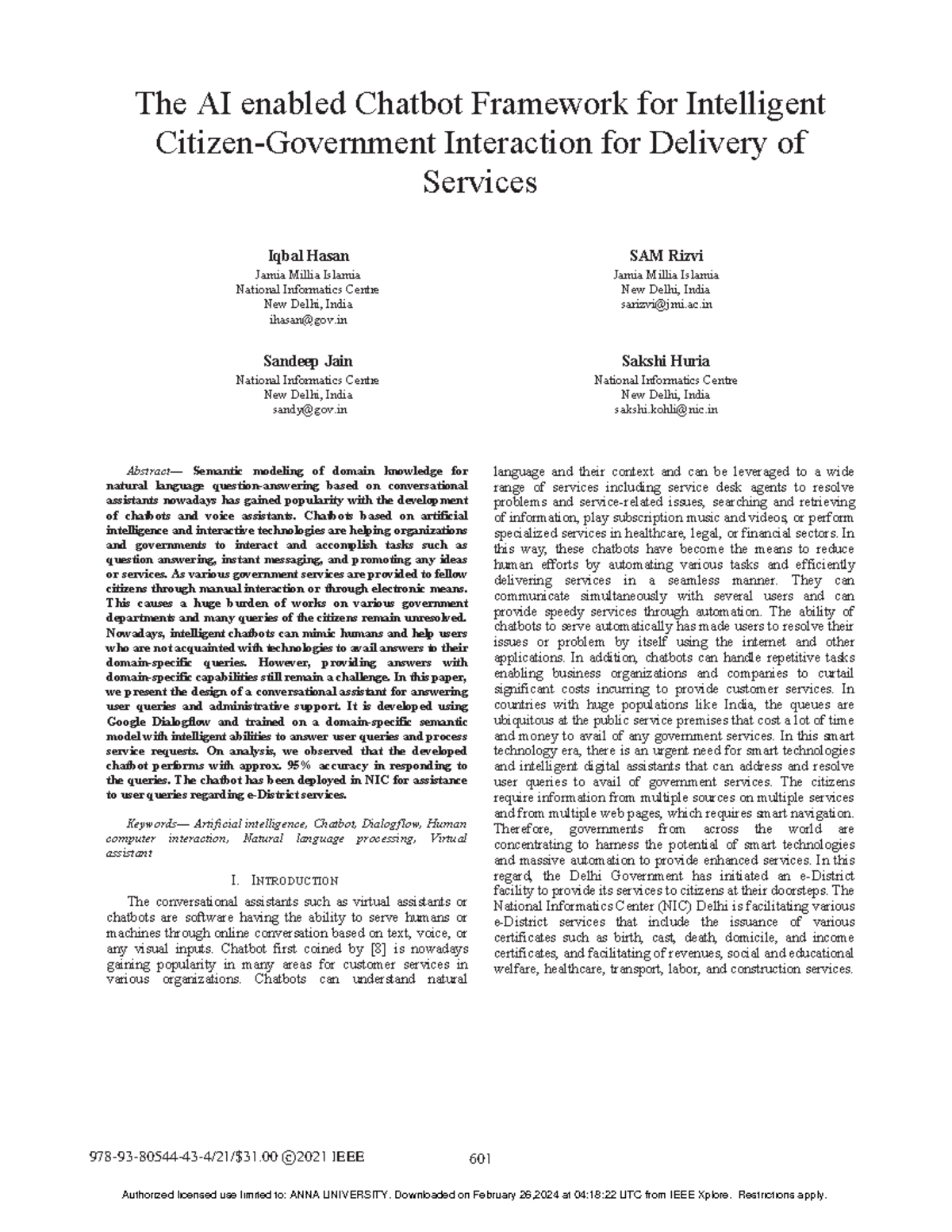 The Ai Enabled Chatbot Framework For Intelligent Citizen Government