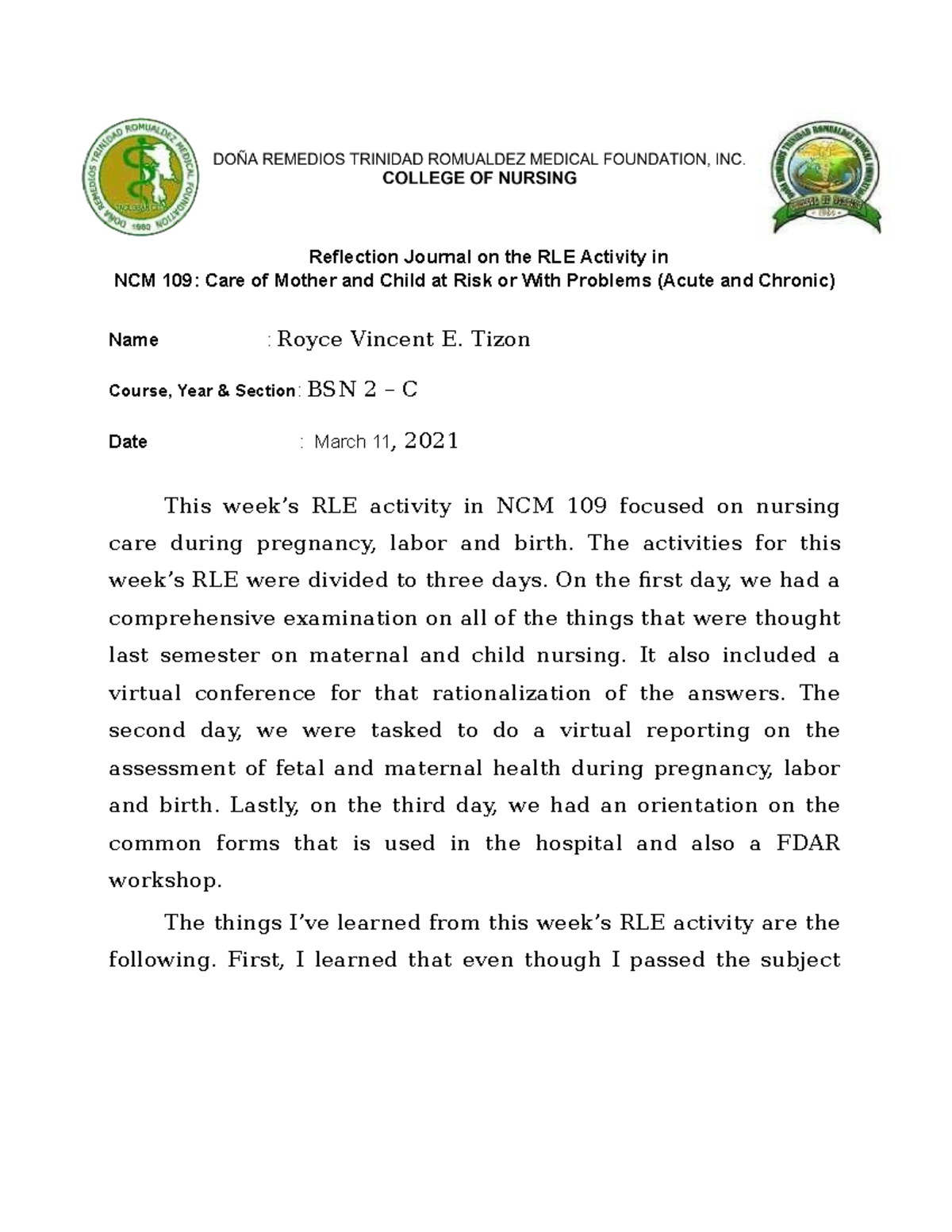 Tizon, R. - Week1Reflection Journal 109 - Reflection Journal on the RLE ...