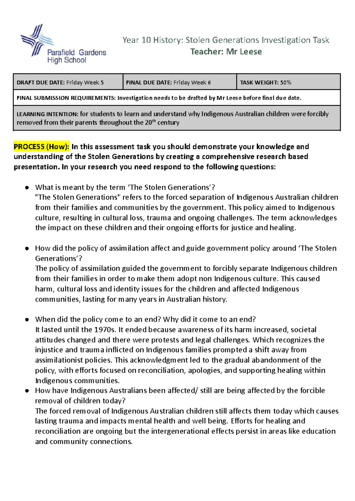 I - Stolen Generations Investigation task - Year 10 History: Stolen ...