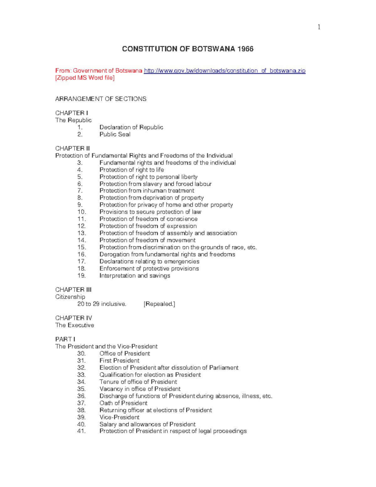 Bots constitution - CONSTITUTION OF BOTSWANA 1966 From: Government of ...