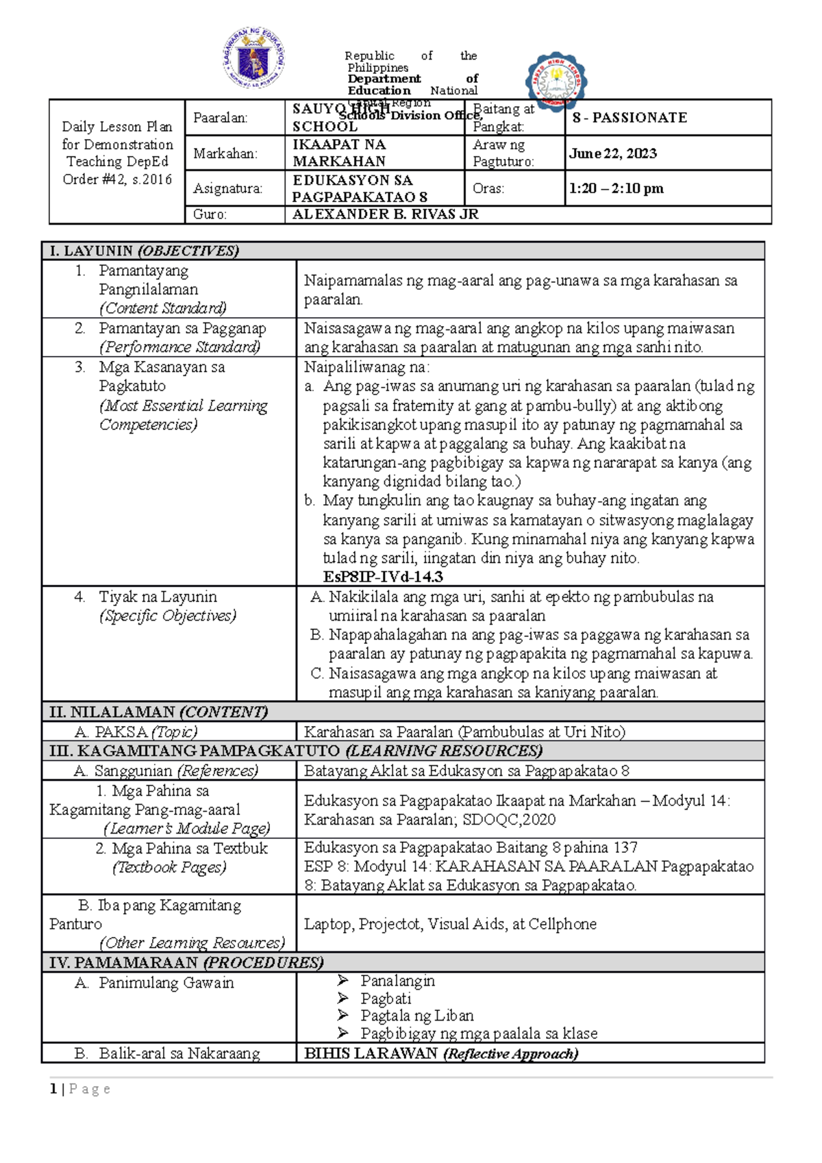 ALEX ESP DEMO - Documents - Daily Lesson Plan for Demonstration ...