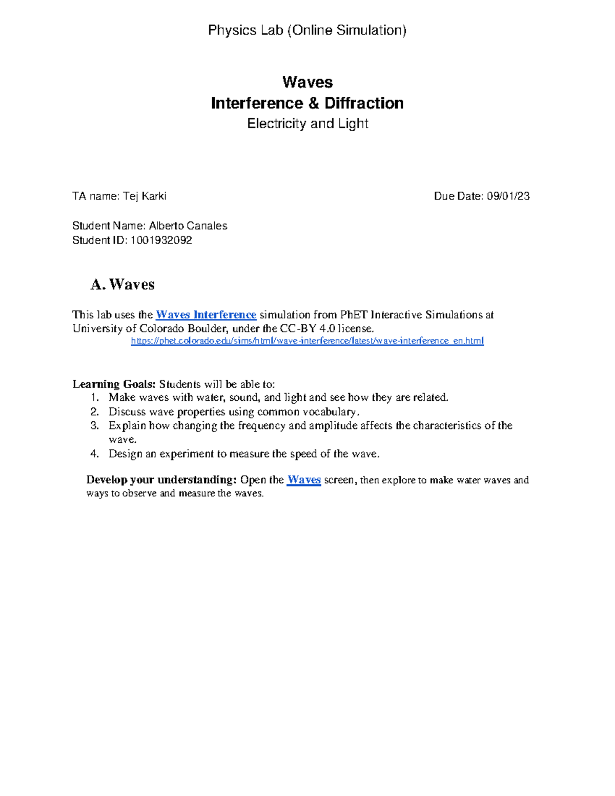 Waves Interference Online - Waves Interference & Diffraction Electricity and Light TA name: Tej ...
