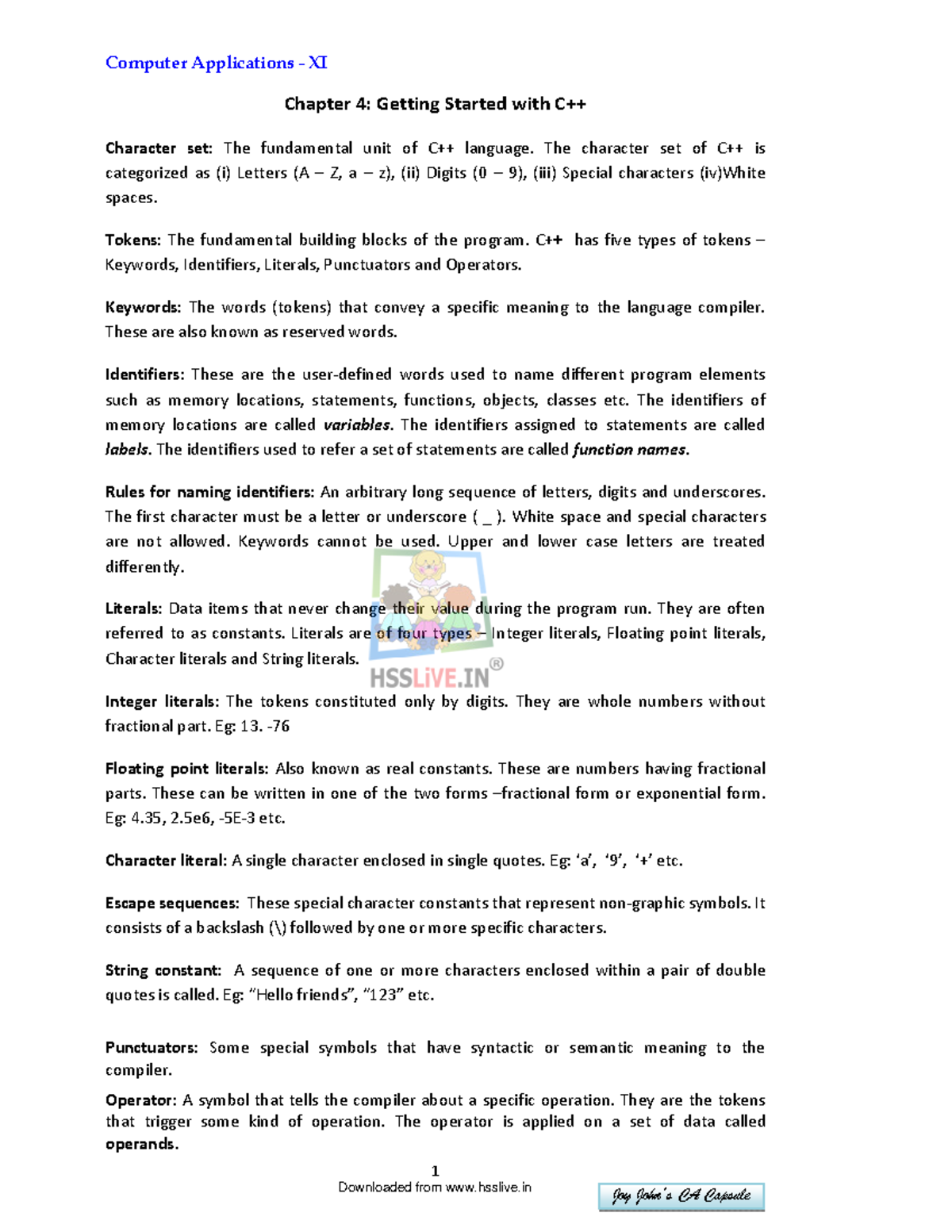 12980 - Chapter 8 - Computer Applications - XI 1 Joy John’s CA Capsule Chapter 4 : Getting ...