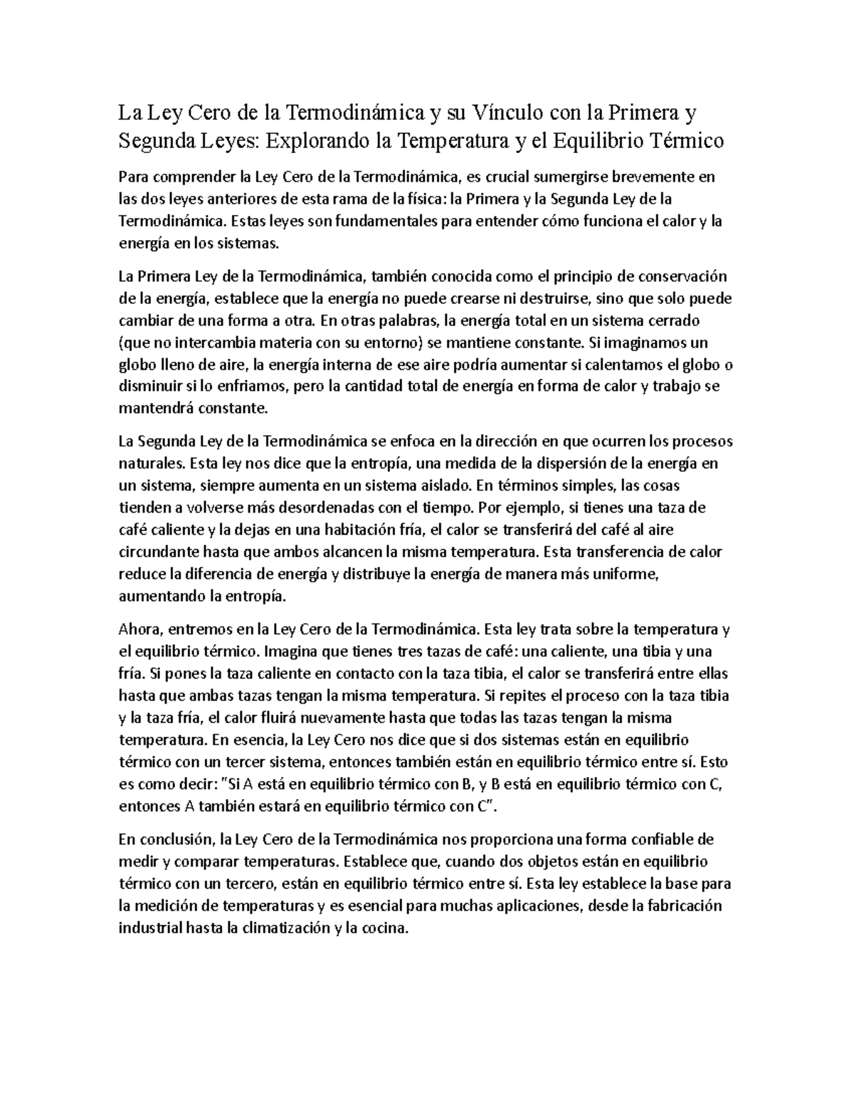 La Ley Cero de la Termodinámica y su Vínculo con la Primera y Segunda ...