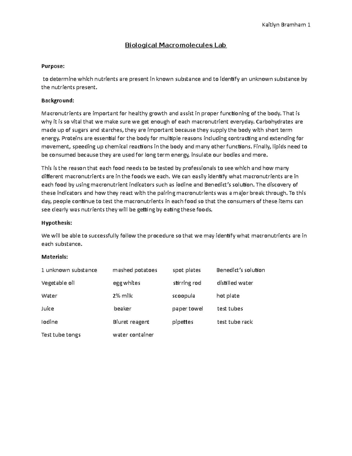 Biological Macromolecules Lab - Biological Macromolecules Lab Purpose ...