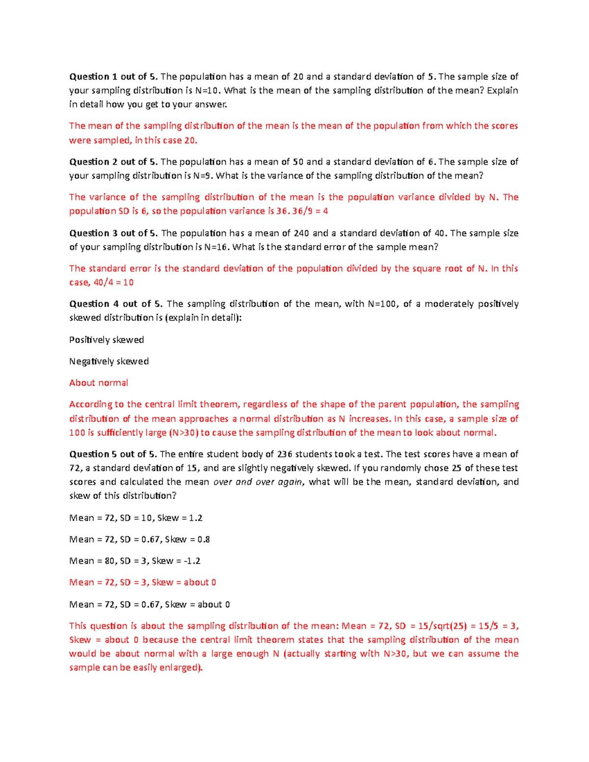 Homework sampling dist 2020 solved - Question 1 out of 5. The population has a mean of 20 and a ...