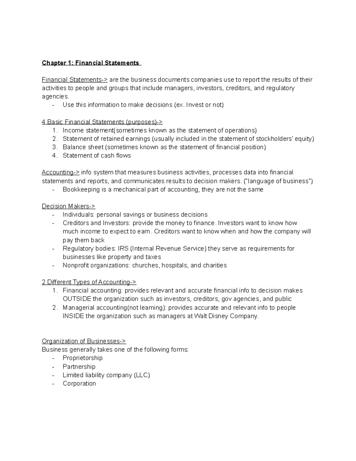 Chapter 1 Notes - Chapter 1: Financial Statements Financial Statements ...