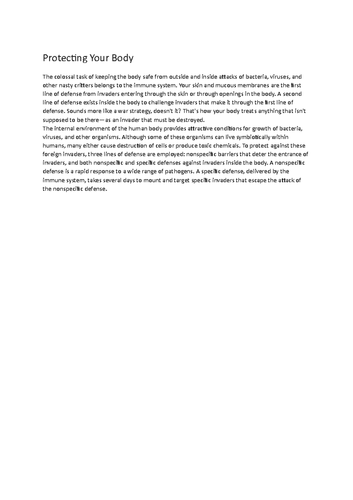 Protecting your body - lecture notes - Protecting Your Body The ...