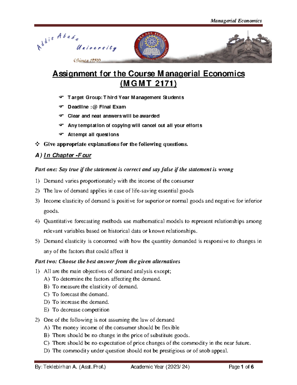 Assignment for Managerial Economics - Assignment for the Course ...