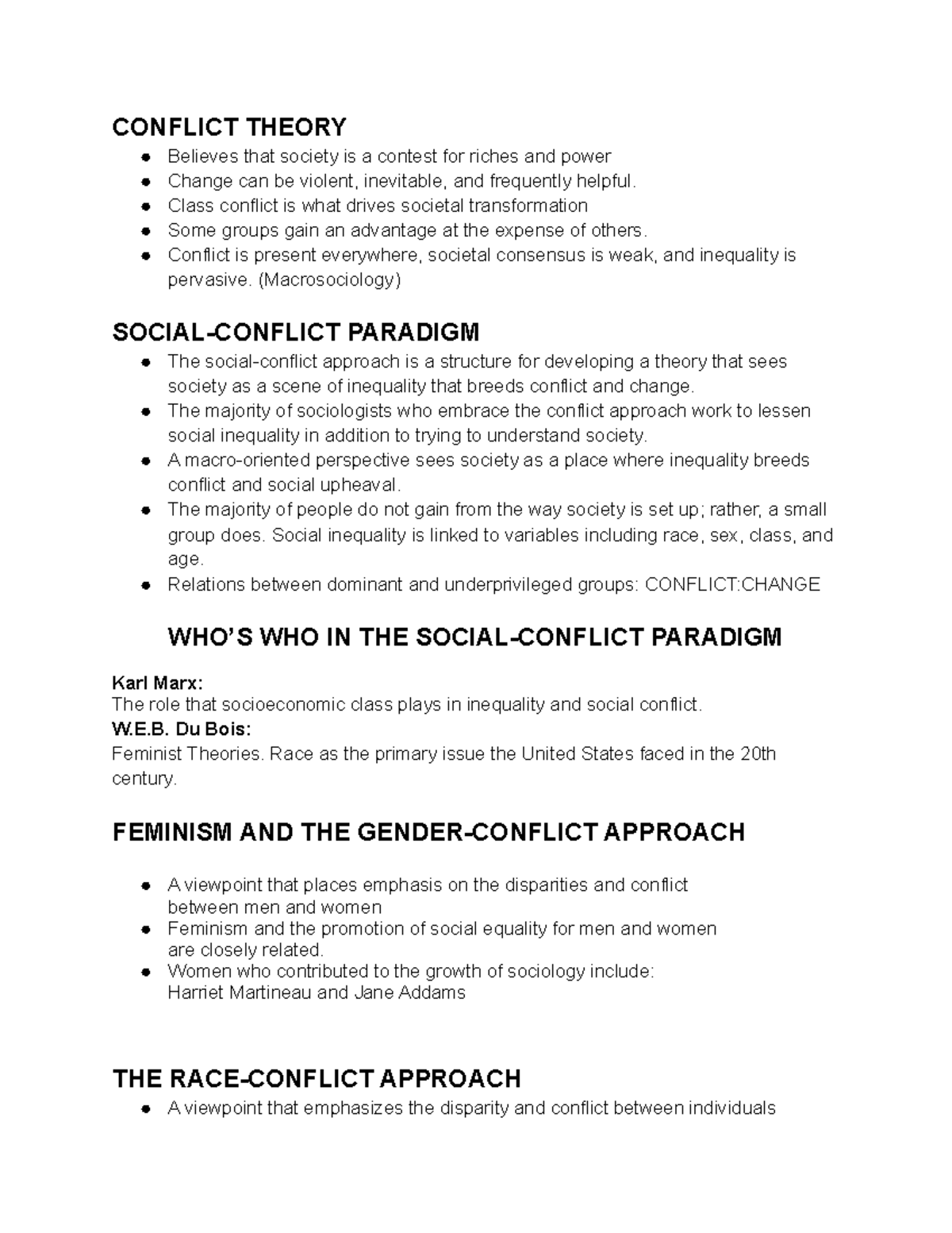 Unit 1 Conflict Theory Notes - CONFLICT THEORY Believes that society is ...