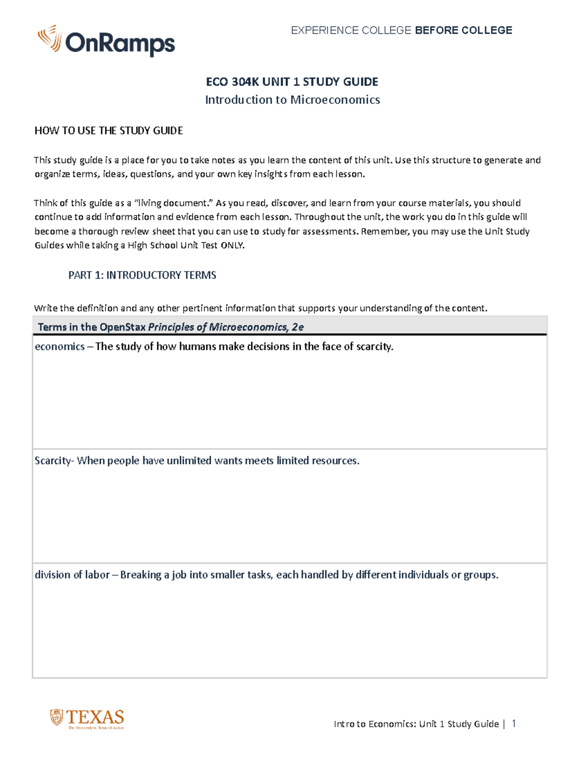SG ECO 304K Unit 1 Study Guide - ECO 304K UNIT 1 STUDY GUIDE Introduction to Microeconomics HOW ...