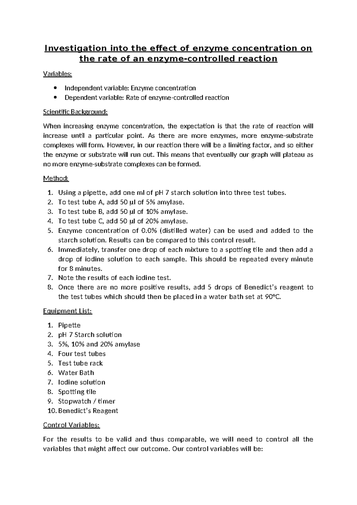 Enzyme controlled reaction plan - Investigation into the effect of ...