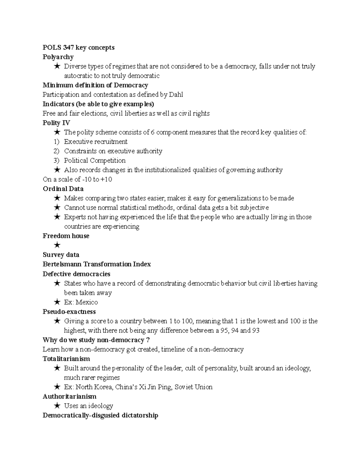 POLS 347 notes - POLS 347 key concepts Polyarchy ★ Diverse types of ...