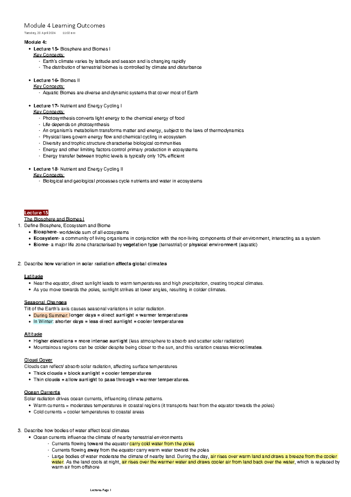 Module 4 Learning Outcomes - Module 4: Lecture 15- Biosphere and Biomes I Key Concepts: Earth's ...