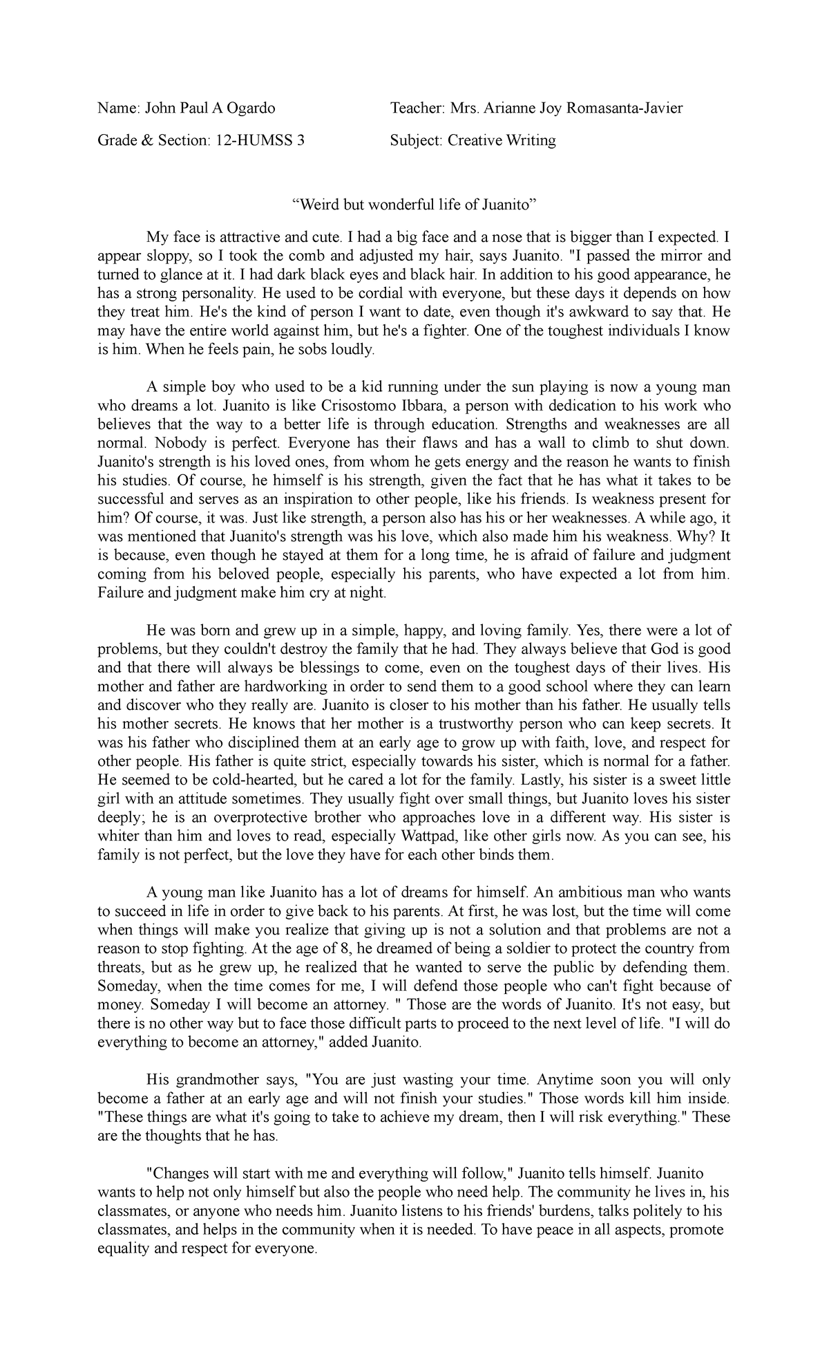 Fictional Journal - Name: John Paul A Ogardo Teacher: Mrs. Arianne Joy ...