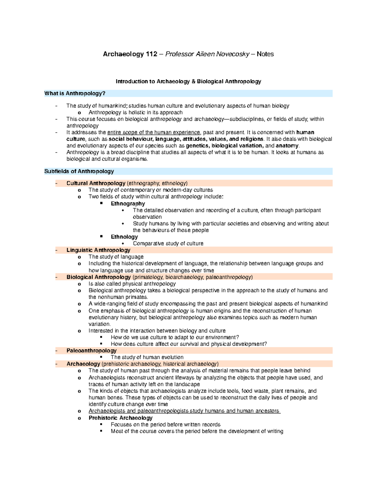 Archaeology 112 notes - Archaeology 112 – Professor Aileen Novecosky ...