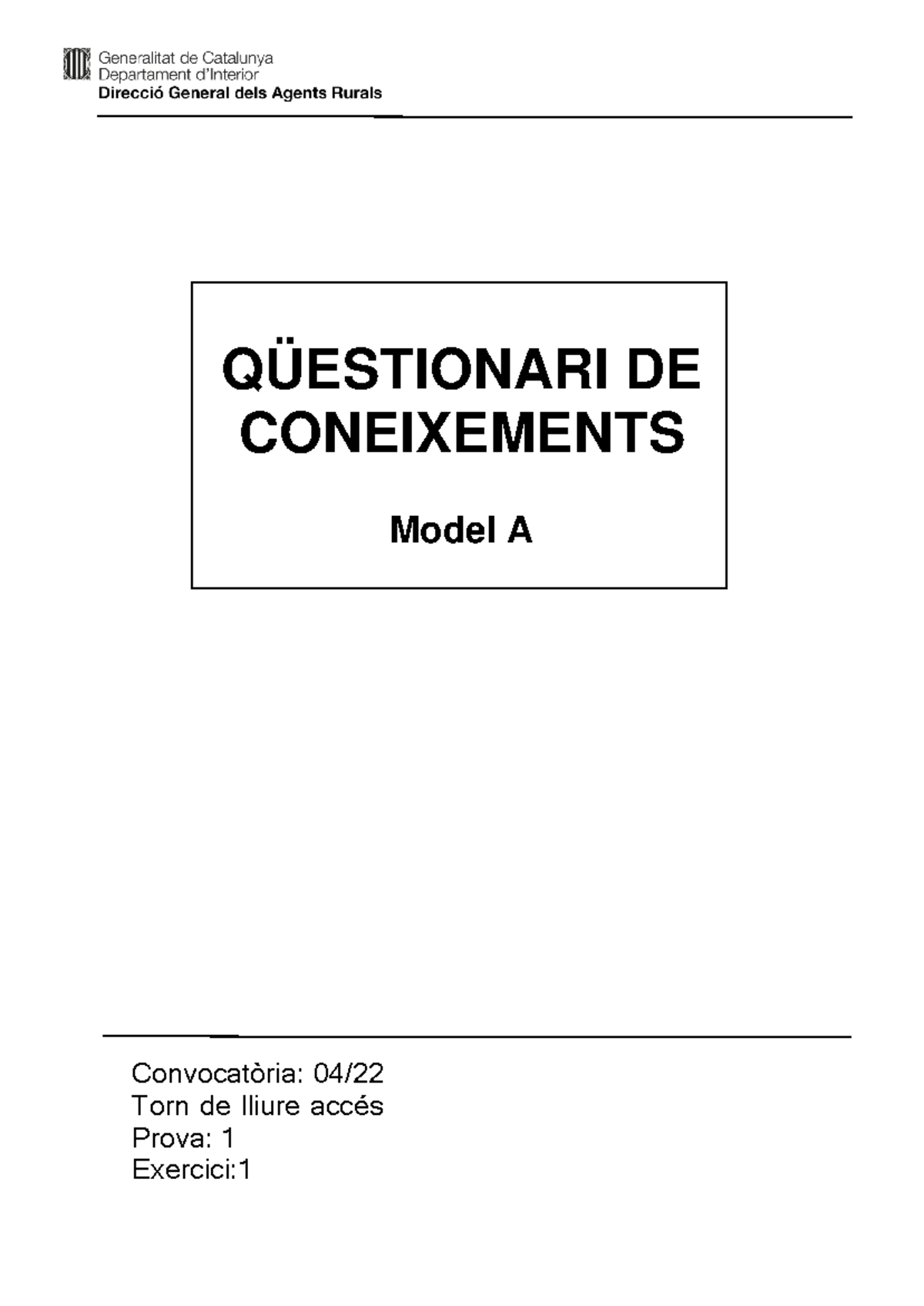 Model-A - Examen agent rural - QÜESTIONARI DE CONEIXEMENTS Model A ...