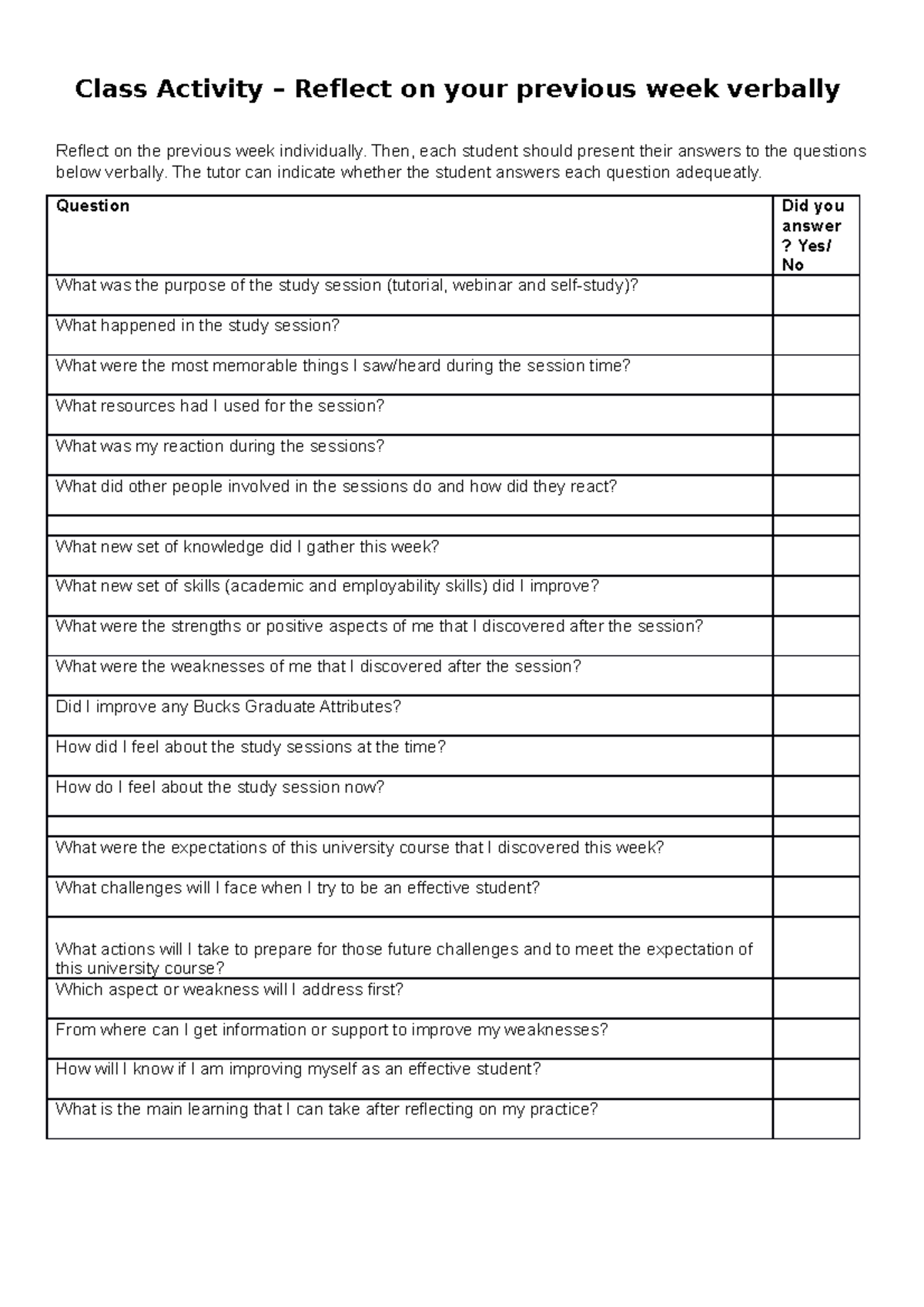 Class activity - reflection - Class Activity – Reflect on your previous ...