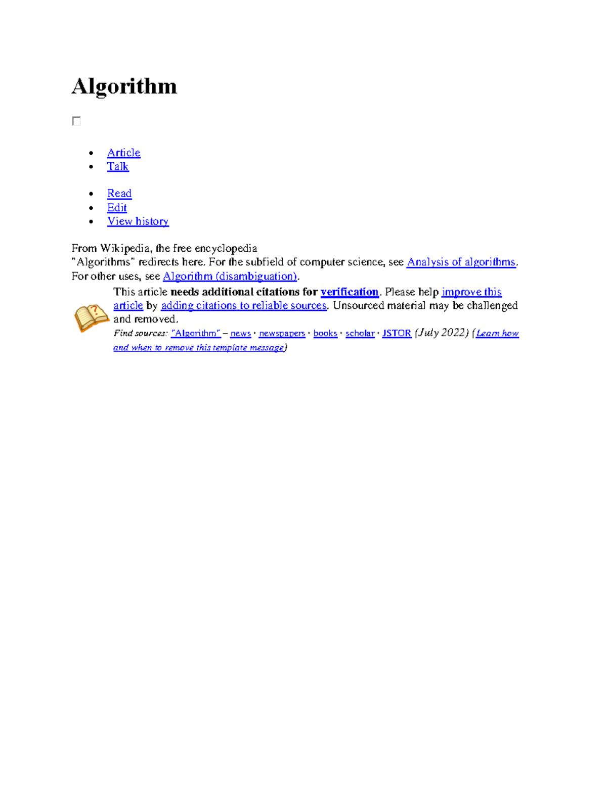 Algorithm - Algorithm Article Talk Read Edit View history From ...