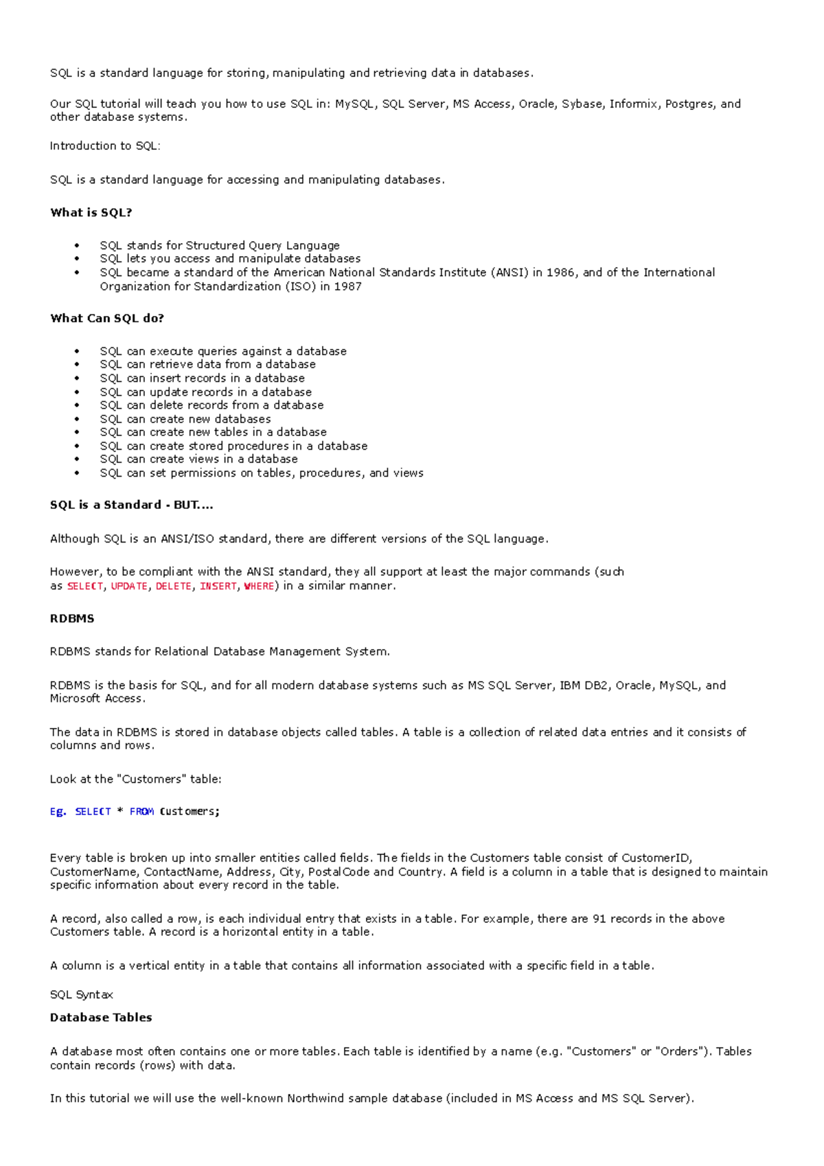 SQL Notes - SQL is a standard language for storing, manipulating and ...