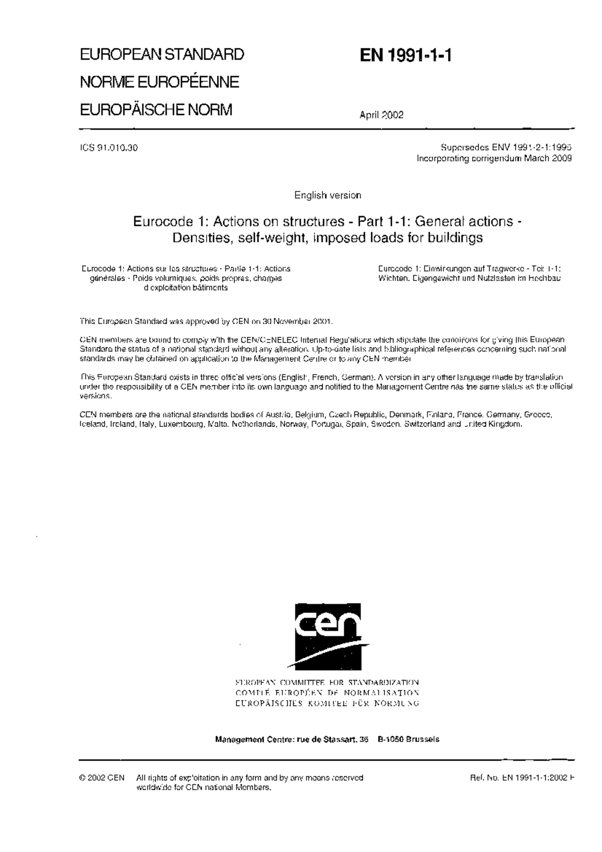 European Standard EN Eurocode 1: Actions on Structures - Studocu