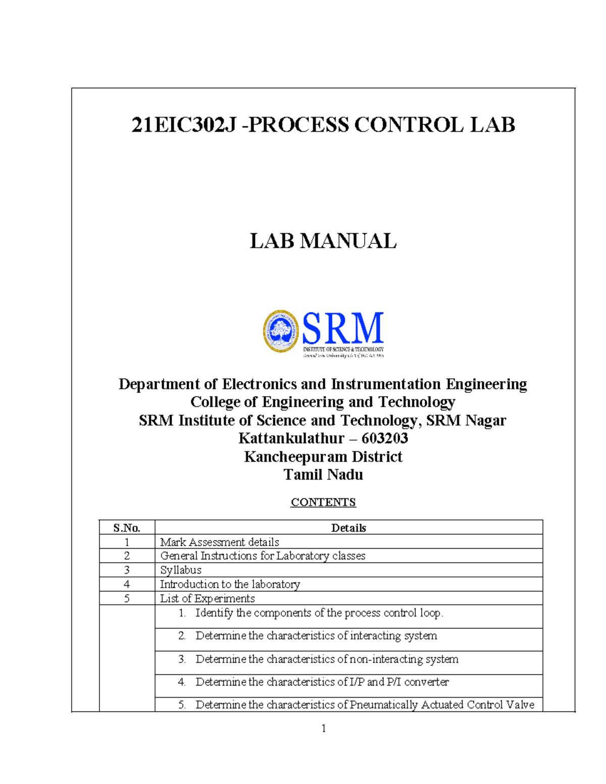 2021 lab manual - 21EIC302J -PROCESS CONTROL LAB LAB MANUAL Department ...