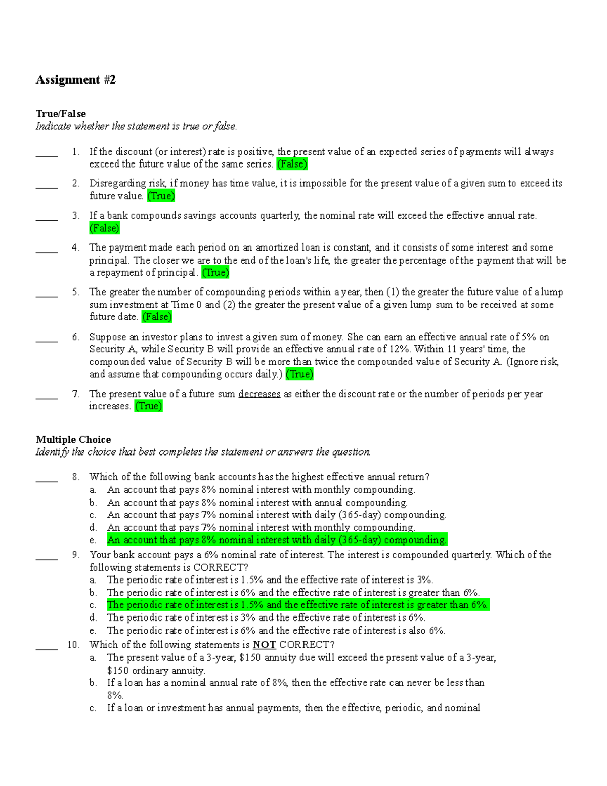 Assignment # 2 51 - Assignment True/False Indicate whether the statement is true or false ...