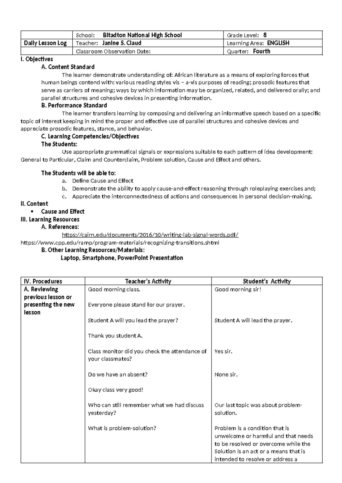 LP 4 for Ggrade 8 - For those who needed guide - School: Bitadton National High School Grade ...