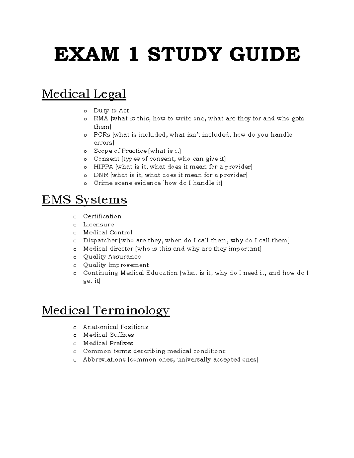 2022 Platinum Exam 1 study guide - EXAM 1 STUDY GUIDE Medical Legal o ...