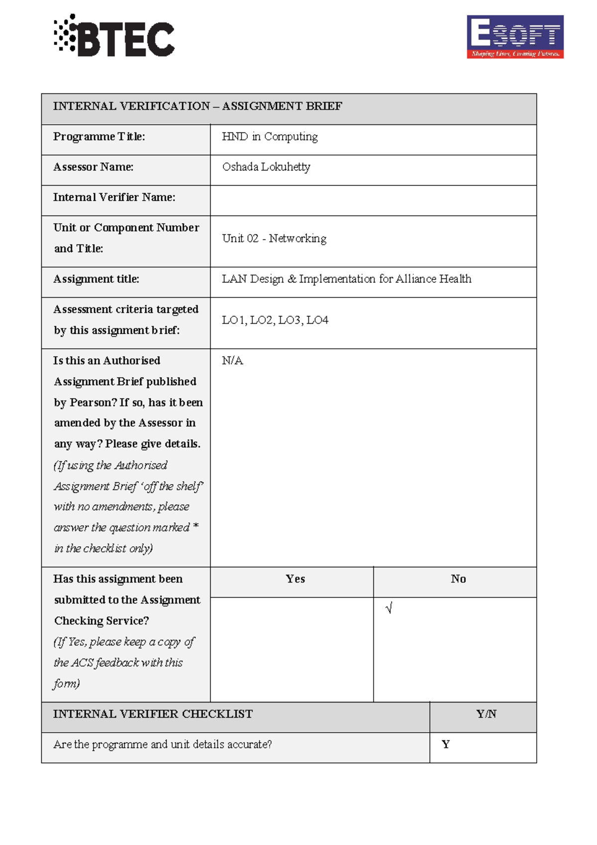 Unit 02 Networking (f) - best - INTERNAL VERIFICATION – ASSIGNMENT BRIEF Programme Title: HND in ...