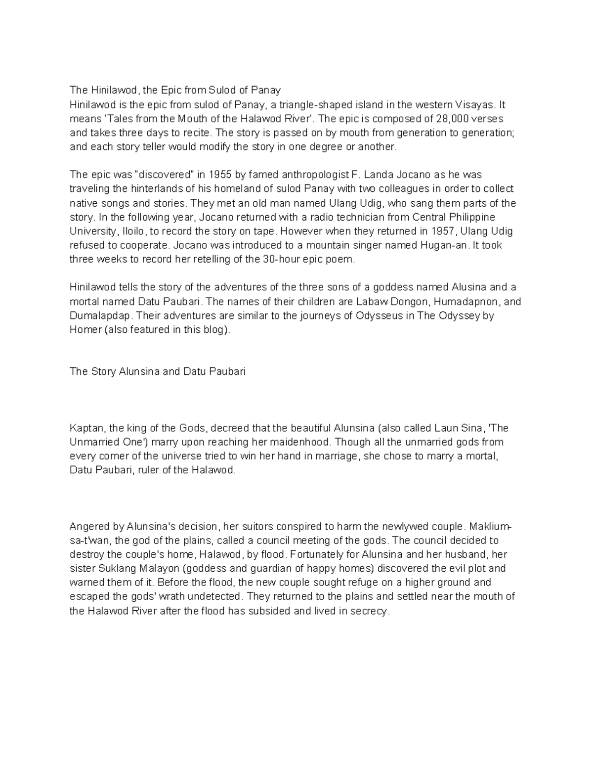 The Hinilawod, the Epic from Panay - The Hinilawod, the Epic from Sulod ...
