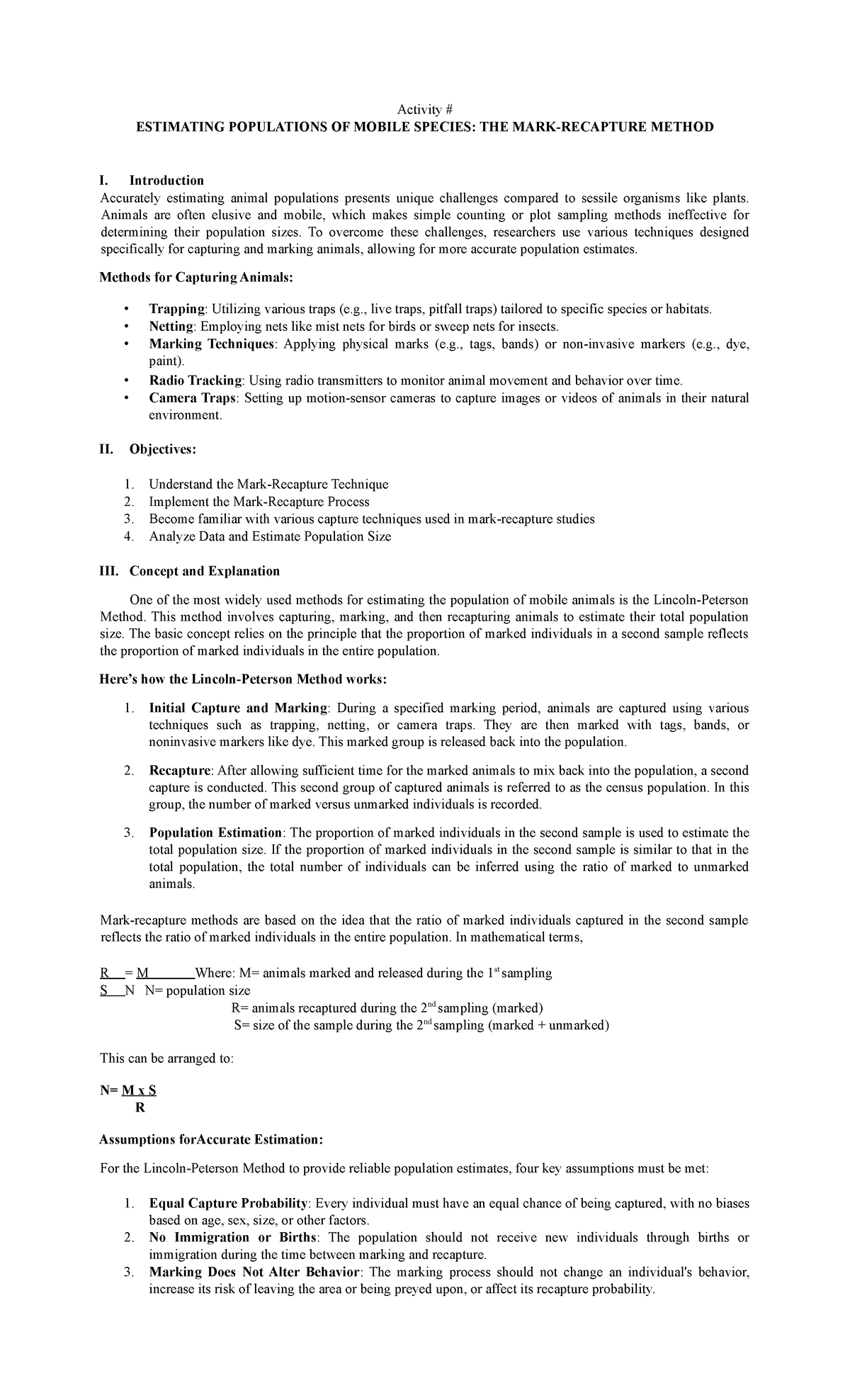 Estimating Populations of Mobile Species ECO LAB Worksheet - Activity ...