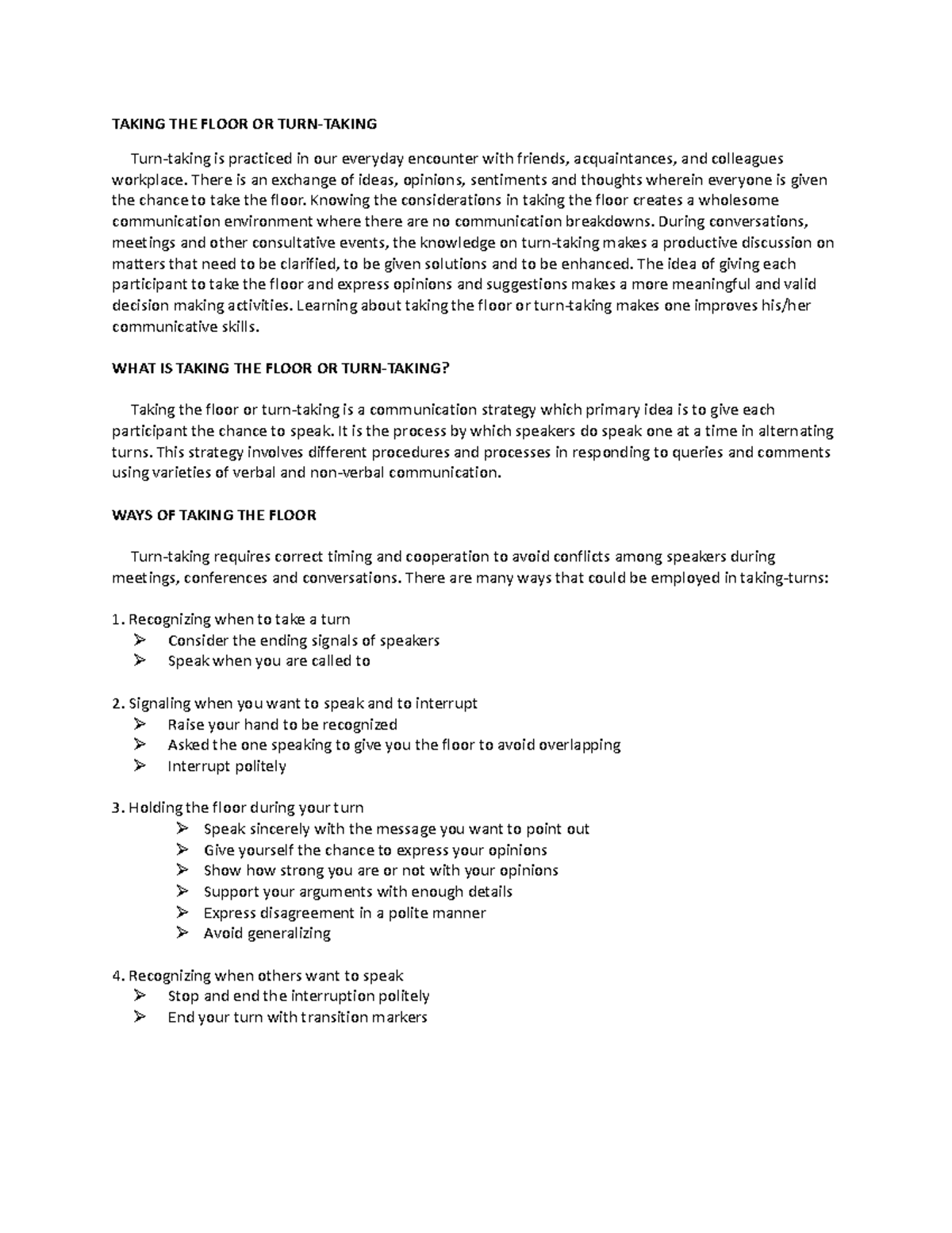 Taking THE Floor OR TURN Taking Lecture - TAKING THE FLOOR OR TURN ...