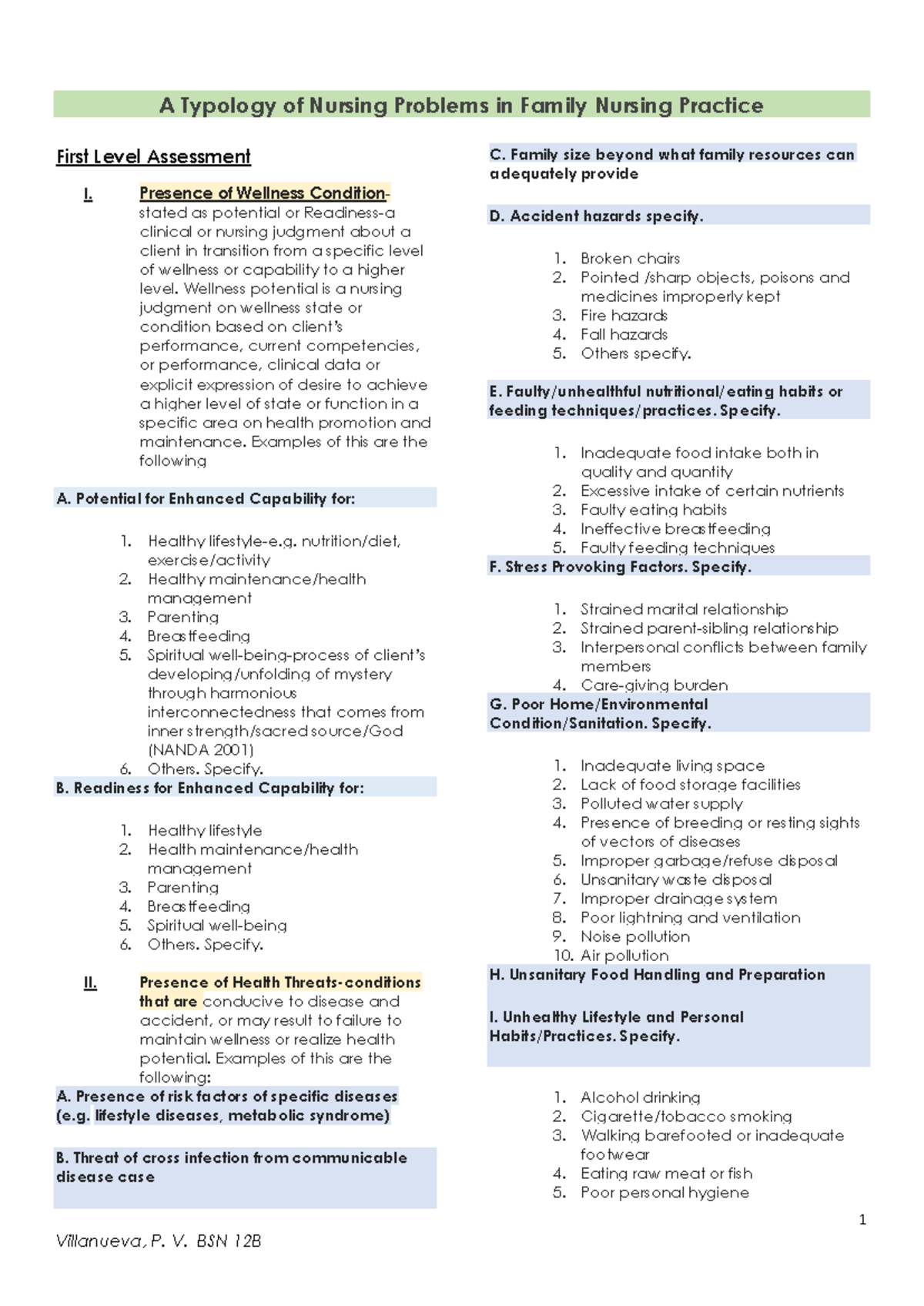 Typology OF Nursing Problem 2 - 1 First Level Assessment I. Presence of ...