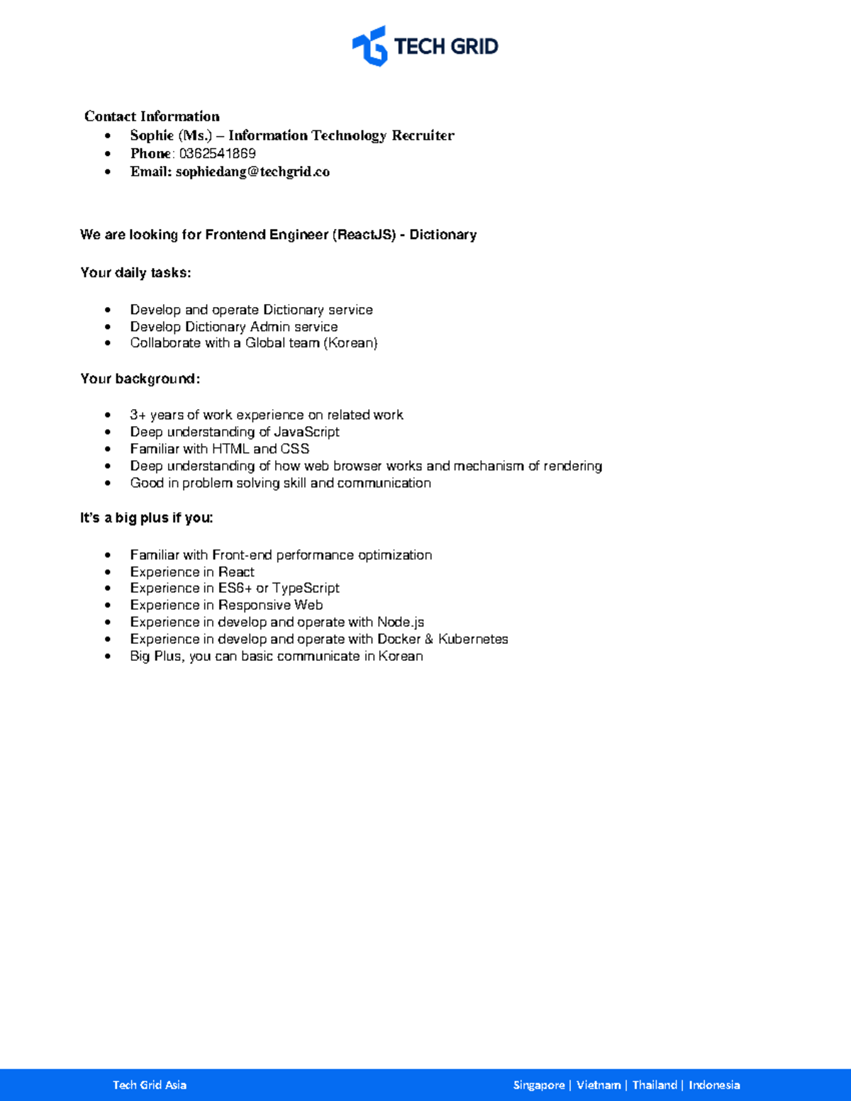 Frontend Engineer React Js Tech Grid Asia Singapore Vietnam Thailand Indonesia Contact 