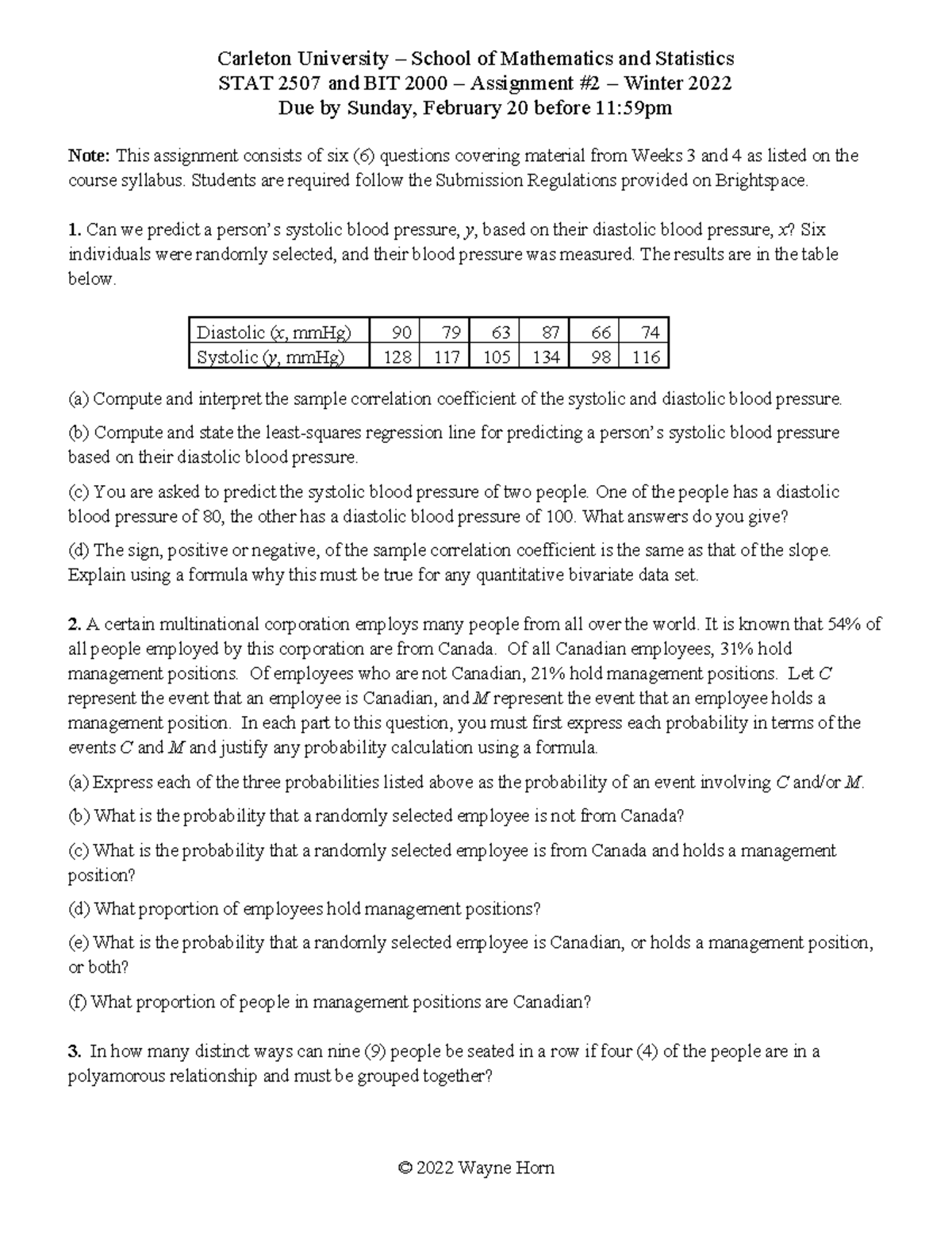 STAT 2507 Assignment 2 Winter 2022 v2 - © 2022 Wayne Horn Carleton ...