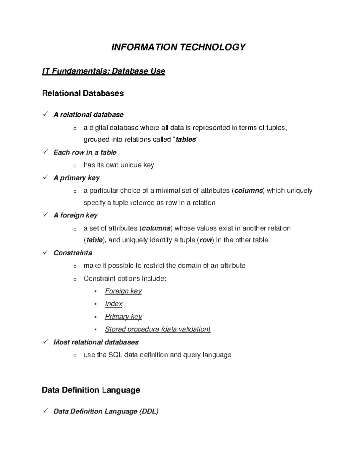IT Fundamentals: Database Use - INFORMATION TECHNOLOGY IT Fundamentals ...
