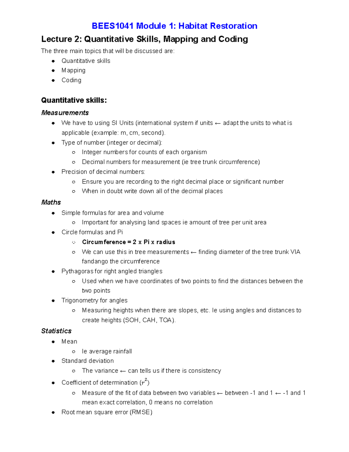 BEES1041 Module 1 Lecture Notes - BEES1041 Module 1: Habitat ...