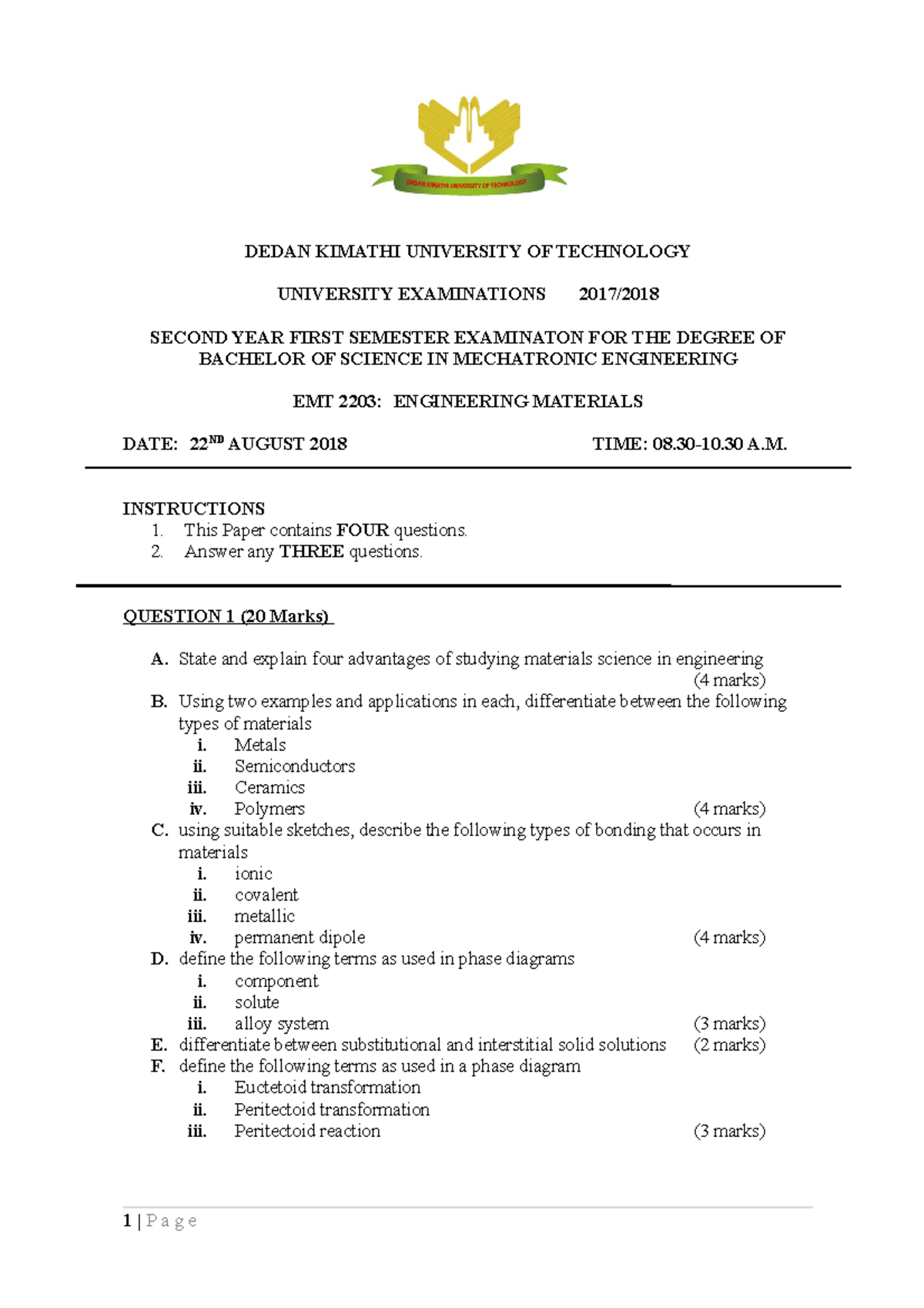 EMT 2203 EXAM 2018 Print Ready - DEDAN KIMATHI UNIVERSITY OF TECHNOLOGY UNIVERSITY EXAMINATIONS ...