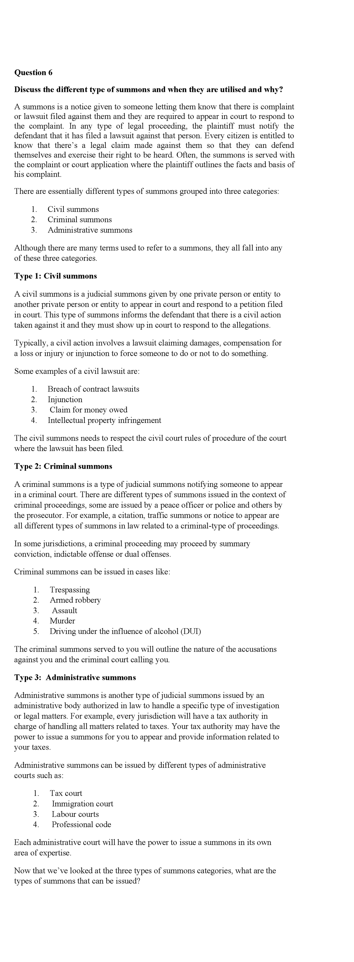 Question 6 Tutorial 2 - Assignments - Question 6 Discuss the different type of summons and when ...