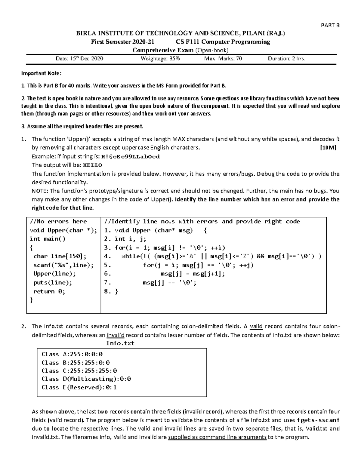 Compre-Part B - Compre exam - PART B BIRLA INSTITUTE OF TECHNOLOGY AND SCIENCE, PILANI (RAJ ...