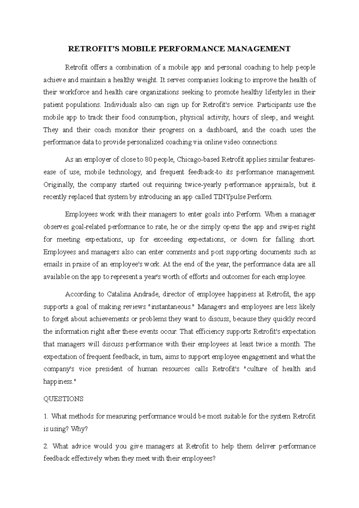 WSB1 Group 3 Topic 6 Case 1 Retrofit'S Mobile Performance Management ...