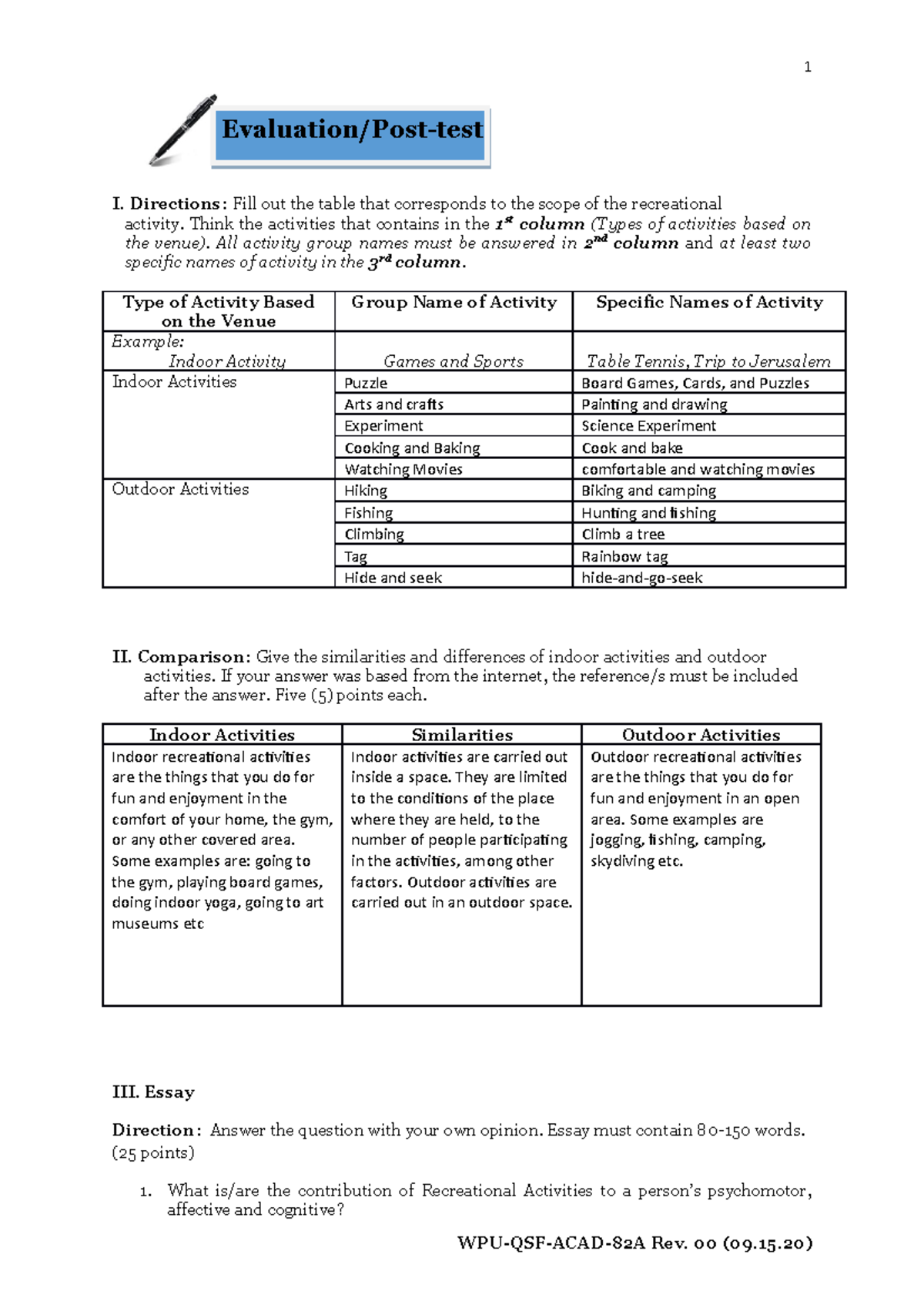 Lesson 3 Evaluation - 1 Evaluation/Post-test I. Directions: Fill out ...