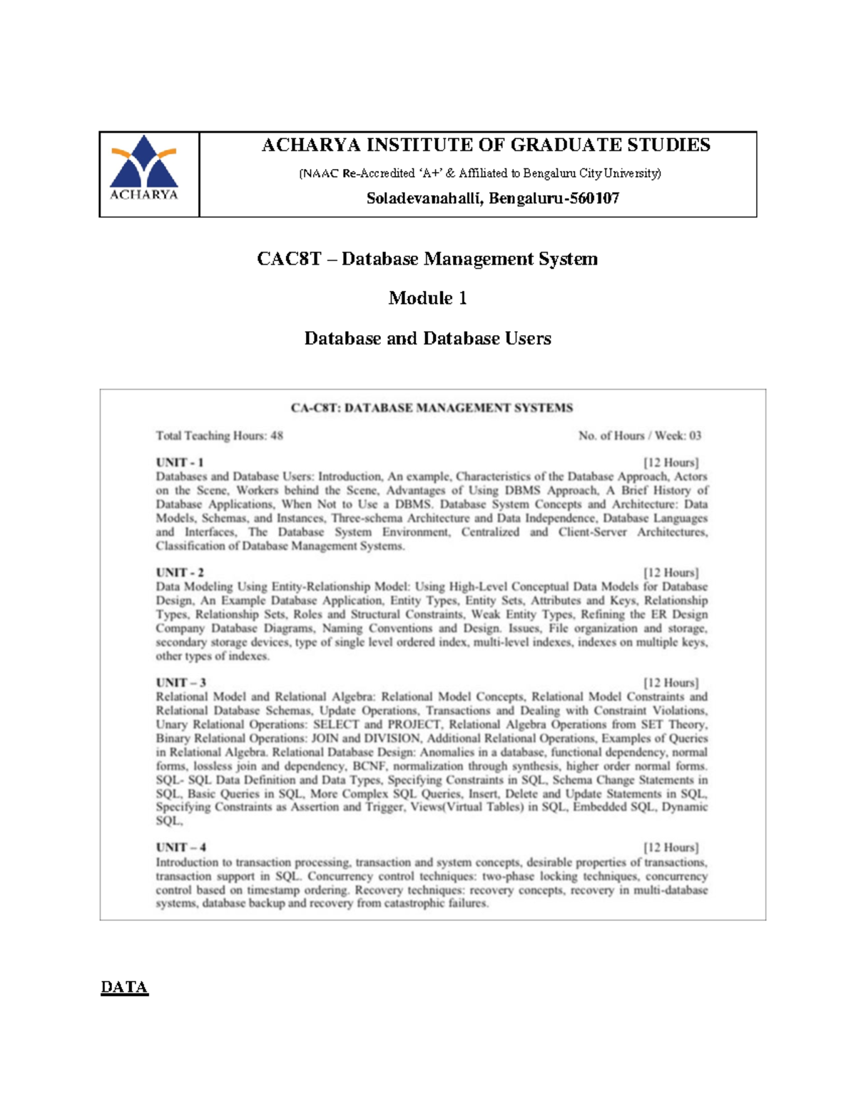 DBMS Module 1 - notes of second unit - ACHARYA INSTITUTE OF GRADUATE ...